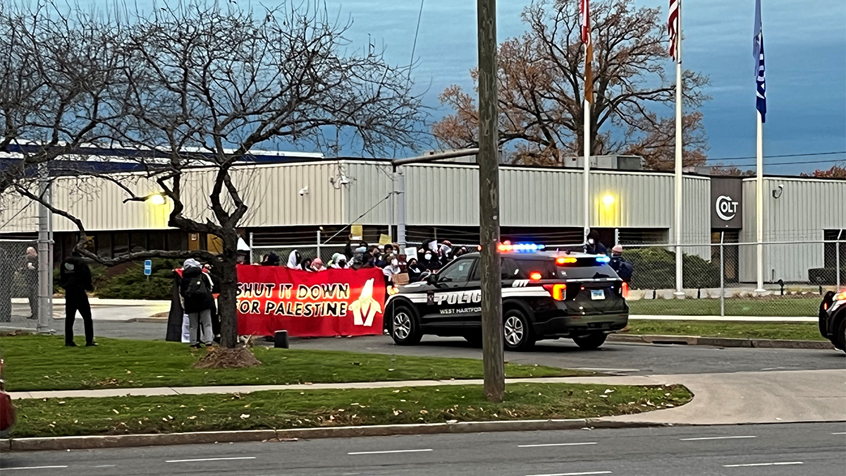 Protesters demonstrated outside Colt Manufacturing in West Hartford ...